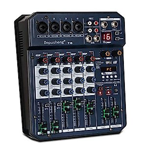 Depusheng T6 Audio Mixer 6-CHANNEL DJ Sound Controller Interface with USB Soundcard for PC Recording, XLR Microphone Jack PLUS HEADPHONE JACK, 5V USB Power CONNECT,FX 16Bit DSP Processor