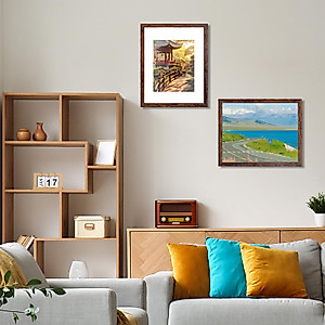 Fixwal 11x14 Picture Frame Set of 2, Display Pictures 8x10 with Mat or 11x14 without Mat, Rustic Brown Photo frame for Wall Mounting
