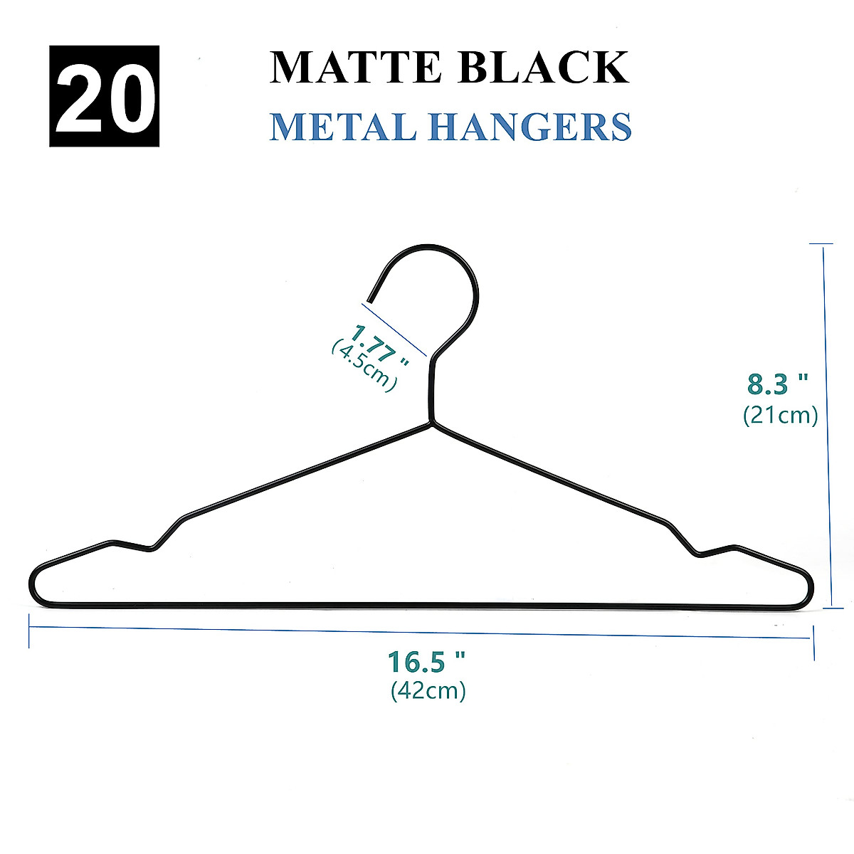SYNHOZZ 16.5" Heavy Duty Matte Black Metal Hangers 20 Pack, Wire Black Clothes Hangers for Coat Suit, Shirts, Dress, Pants，Camisole Wedding Dress (Black, 20Pack)
