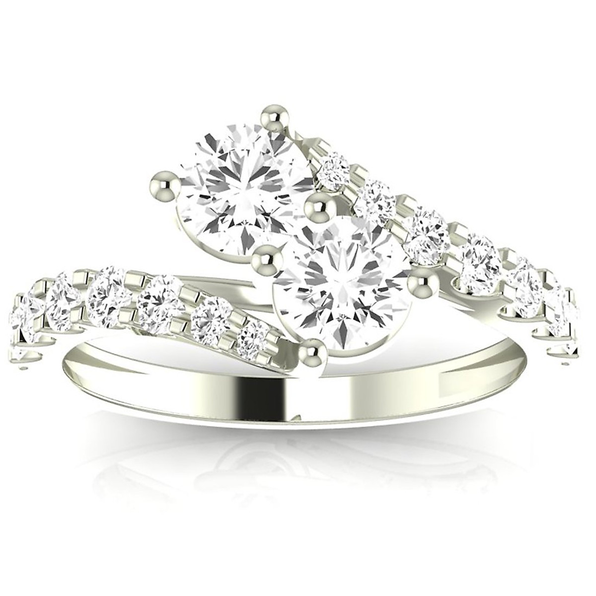 1 1/2 Carat t.w. Twisting Pave Set 2rue Love 2 Stone Collection Round 14K White Gold Diamond Engagement Ring (J Color, I2 ClarityCenter Stones)