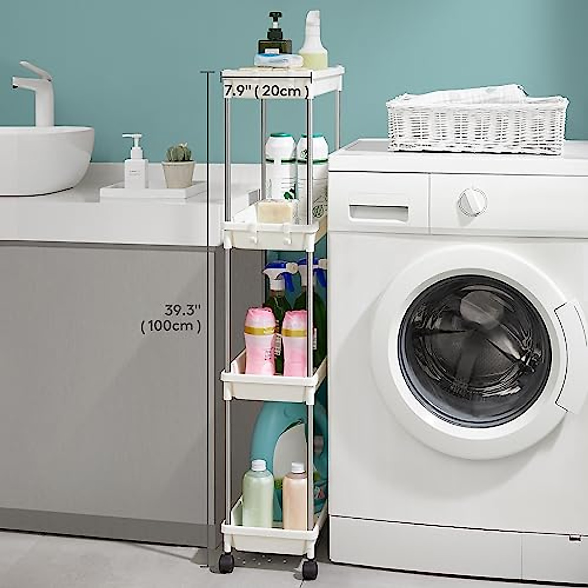 Lifewit Slim Storage Cart, Laundry Room Organization, Wide 7.9'', 4 Tier Shelf Organizer Rack Unit with Wheels for Bathroom Kitchen Small Dorm Narrow Space, White