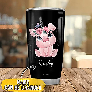 Wassmin Personalized Pig Tumbler Cup With Lid 20 oz 30 oz Custom Name Stainless Steel Double Wall Vacuum Tumblers Coffee Travel Mug Birthday Christmas Gifts For Women Girls Kids Animal Lovers