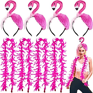 Solsew 8 Pcs Hawaii Flamingo Headband Pink Feather Boa Set Flamingo Headdress Costume Flamingo Accessories Hair Hoop for Carnival Tropical Summer Party Women Girls Kids Adult Hair Decoration