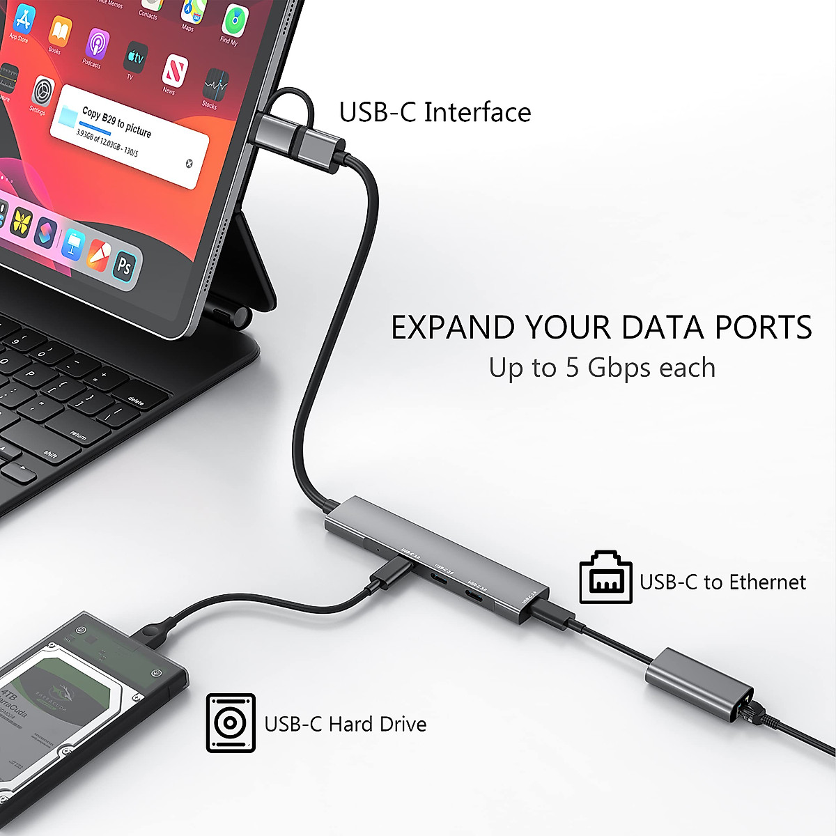 GKEAPZA 4 Ports USB C Hub – 5Gbps USB Hub for Laptop, USB C to USB C Hub, USB to USB C Adapter for MacBook Pro/Air iPad Pro M1, iMac,Mac Mini, Surface Pro, Chromebook (No Charging/Video Transfer)