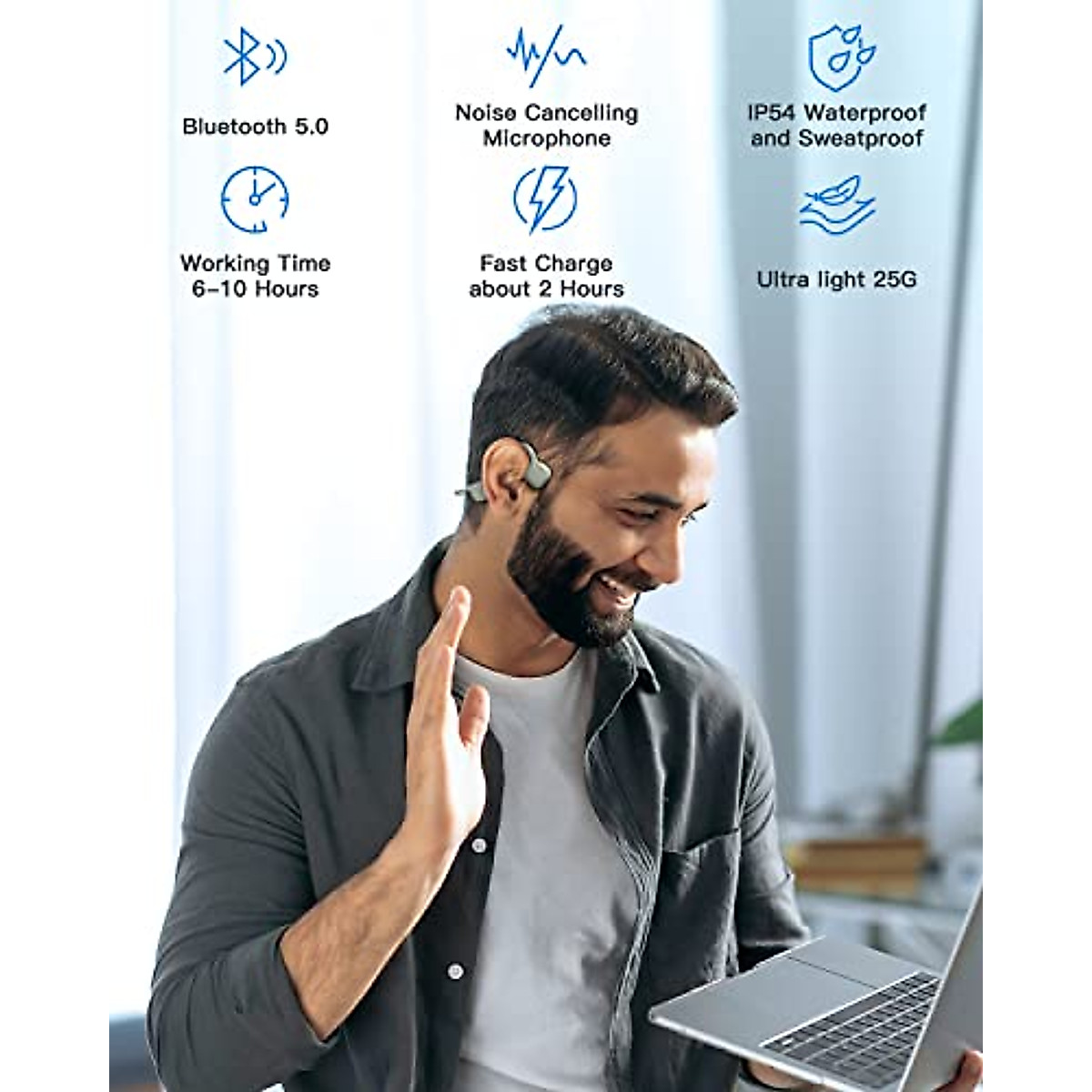 Bone Conduction Headphones, Open Ear Headphone Bluetooth Wireless with Mic, Sports Waterproof Sweatproof Headset, Conducting Induction Earbuds Earphones for Running Cycling Walking Workout Gym Work