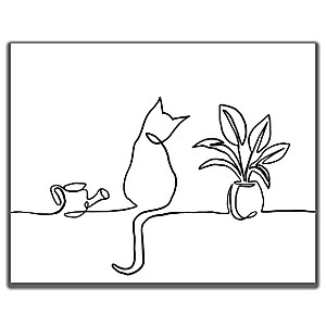 Minimalist Cat Wall Art - 14x11" UNFRAMED Print - Cat Line Drawing Wall Art With Plants - Black And White Wall Decor - Cat Lover Gifts