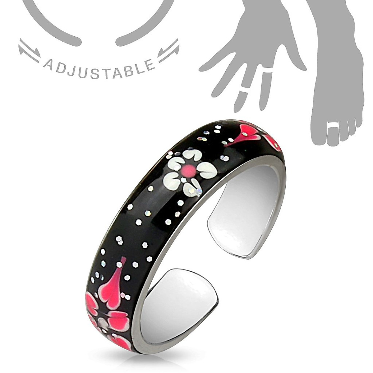 Adjustable Toe or Mid Ring Sparkle Enamel Painted Flowers (Black Enamel)