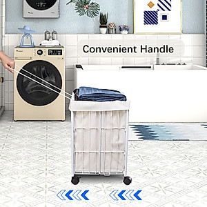 FIROK Rolling Laundry Basket with Wheels,Collapsible Laundry Hamper with Handle for Dorm, Bedroom, Laundry room, 45L Durable Metal Frame Space Saving Hamper with Removable Liner Bag(White)
