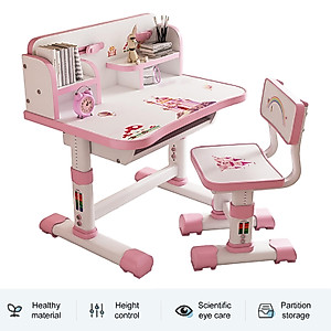 Kids Learning Desk Set Functional Desk and Chair Set Height Adjustable with Drawers and Storage Compartments Curved Desktop Cartoon Learning Desks and Chairs for Boys and Girls （Blue/ Pink） Pink
