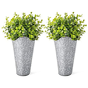 Dahey 2 Pack Galvanized Metal Wall Planter with Artificial Eucalyptus Farmhouse Decor Hanging Wall Vase Planters Flowers Holder for Country Rustic Home Wall Decor,Silver