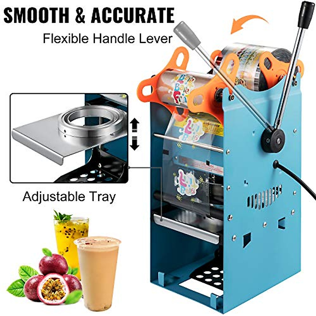 VEVOR Manual Tea Cup Sealer Machine, 300-500 Cup/h Manual Boba Tea Sealer Machine, Blue Boba Tea Sealing Machine, 90/95mm Cup Diameter Cup Sealing Mac