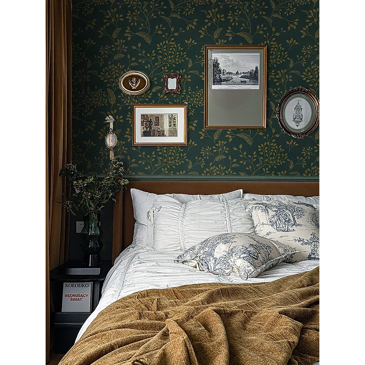 Heroad Peel and Stick Wallpaper Dark Green Contact Paper Gold Floral Wall Paper Modern Boho Removable Contact Paper for Cabinets Drawers Bedroom Self Adhesive Vinyl Papel Tapiz Para Pared 118" x 17.3"