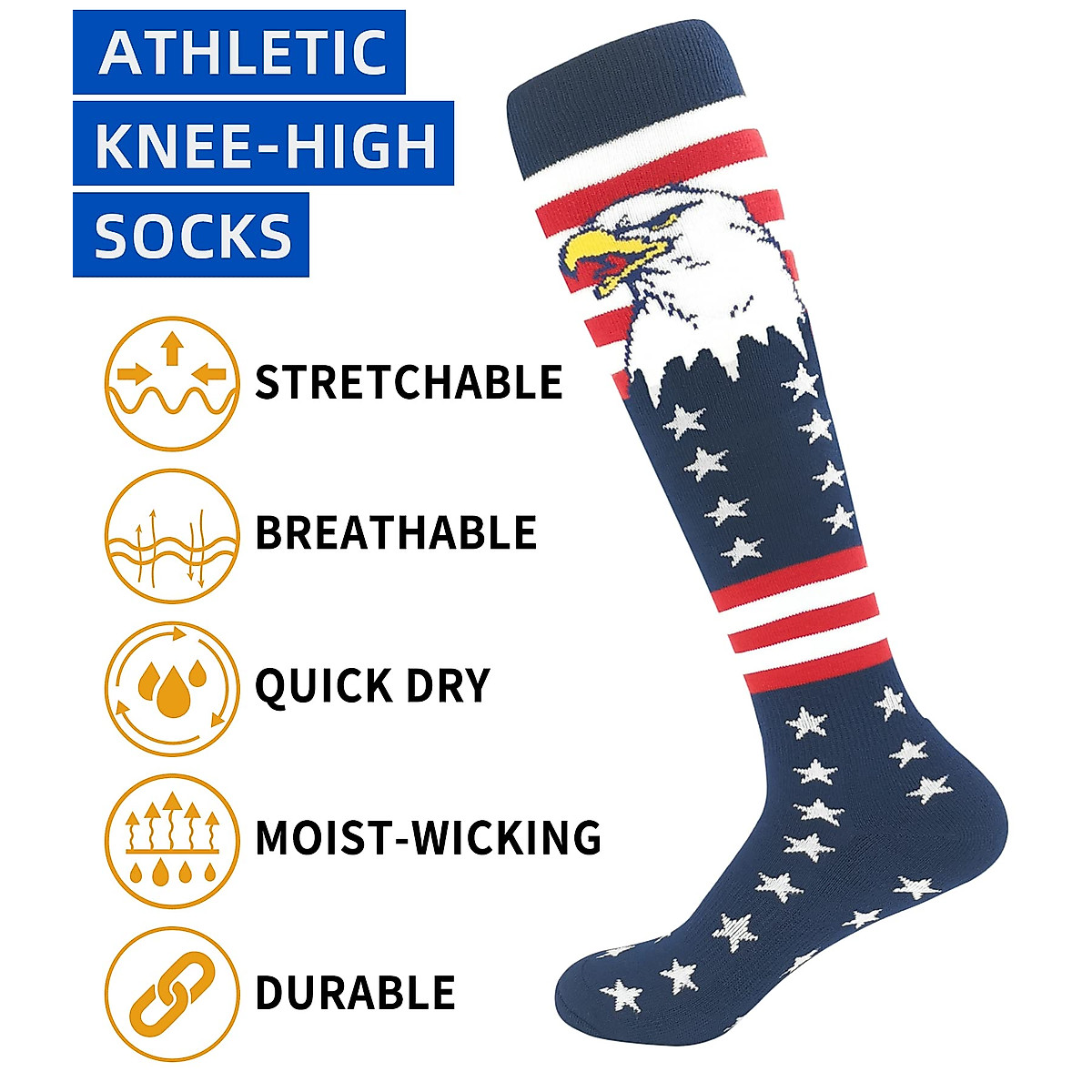 BUENWAZ Men's American Flag Baseball Socks, Athletic Knee High Football Sock, Patriotic Over the Calf Socks (1 Pack, Eagle, Size 8-12)