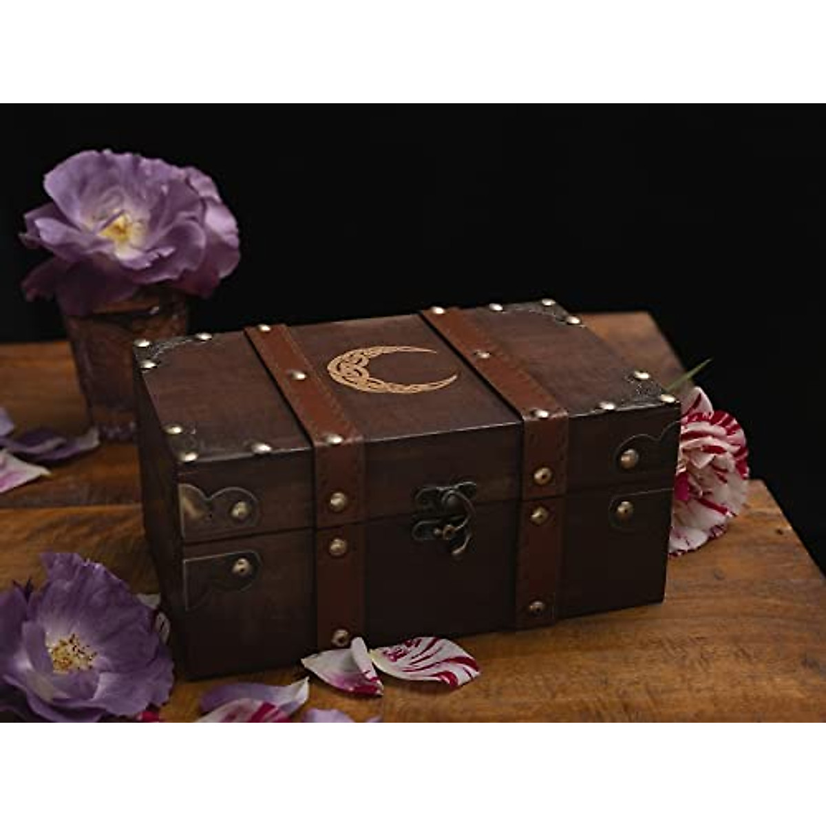 Gbrand 8.3" Wood and Leather Celtic Moon Chest Box, Crescent Wooden Box with Velvet Lining, Vintage Tarot Box (Box Only)