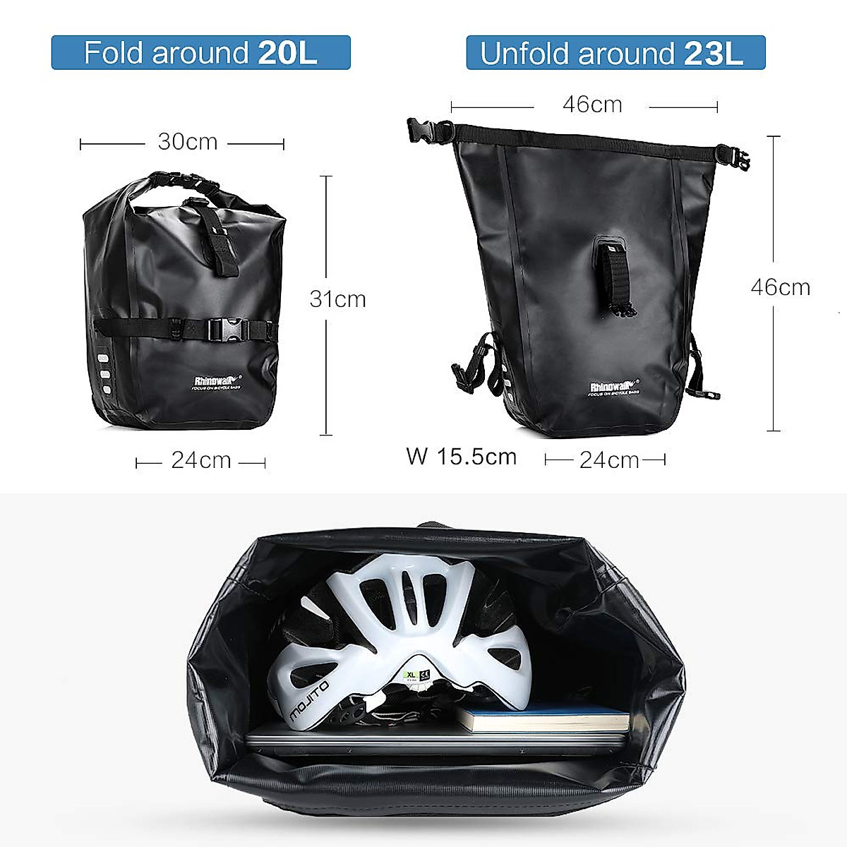 Rhinowalk 20L Bike Bag Waterproof Bicycle Pannier Rear Seat Bag for Cycling Bicycling Traveling Riding, Black