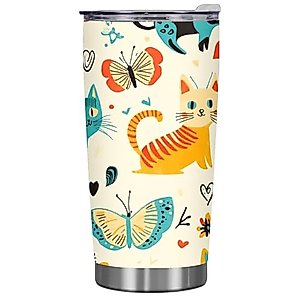 QWEUIOP 20oz Insulated Travel Coffee Mug Cute Cartoon Cats Stainless Steel Tumbler with Lid Double Wall Vacuum Coffee Cup For Hot and Cold Drinks14081