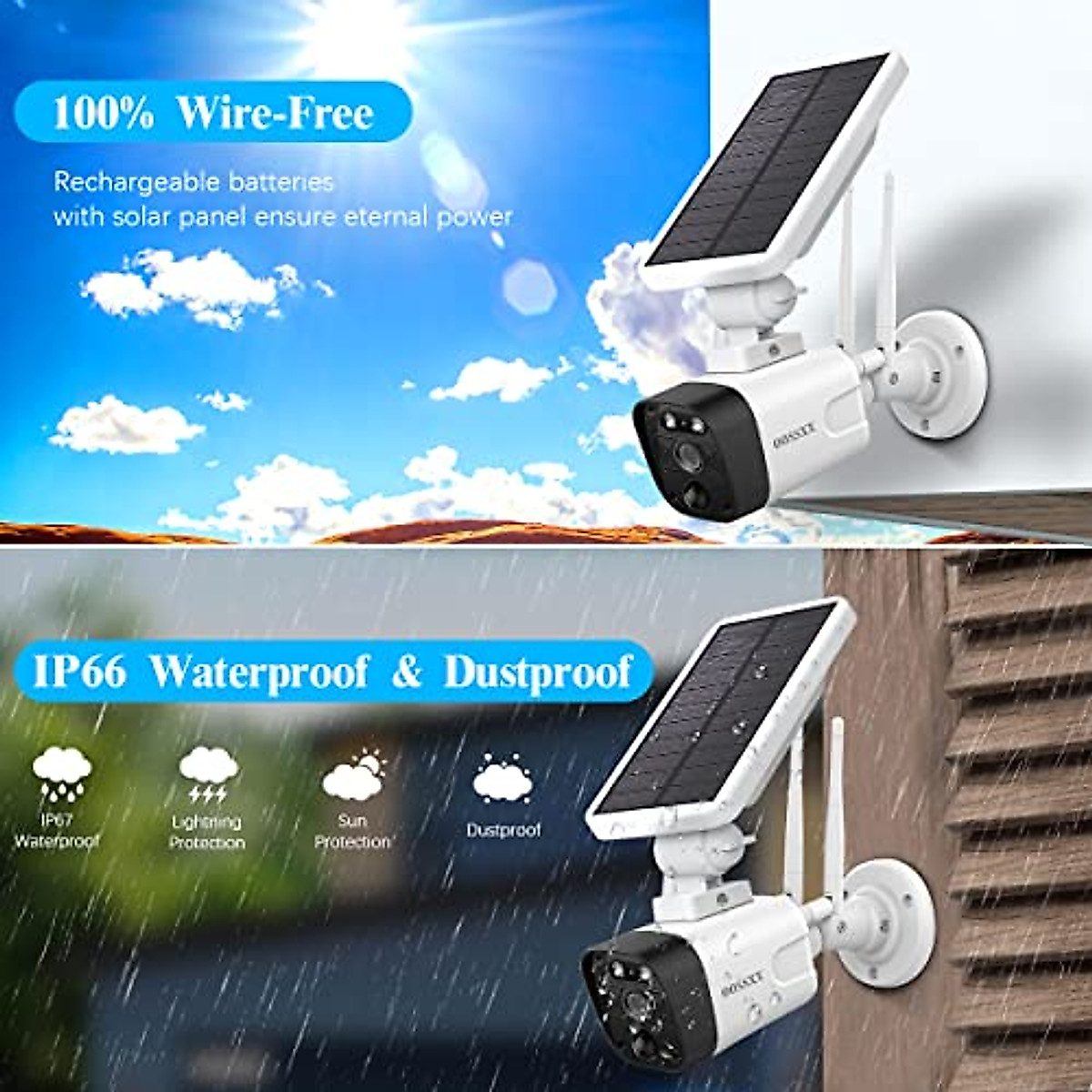 OOSSXX {100% Wire-Free Wireless Solar Cameras} 2-Way Audio, PIR Detection 2-Antennas Enhance Outdoor Wireless Security Camera System WiFi Battery Video Surveillance System