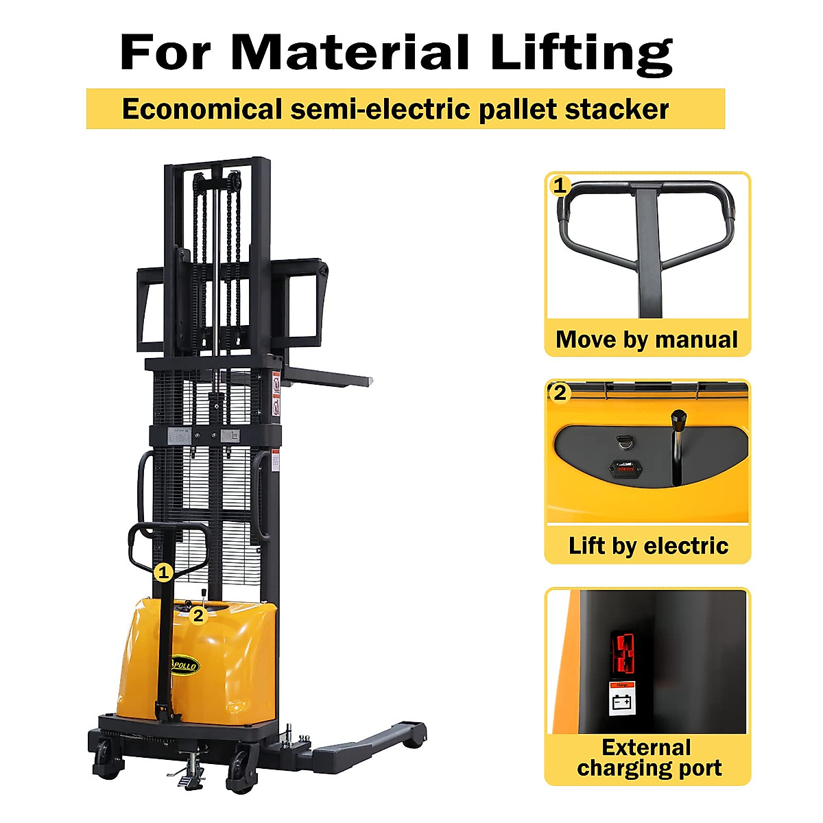 Economy Semi Electric Pallet Stacker 98inch Lifting Height Material Lifter for Warehouse 3300lbs Capacity Straddle Legs with Adjustable Forks