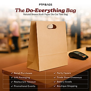 PTP BAGS Natural 11" x 6" x 11" Die Cut Tote Bags [Pack of 500] Kraft Paper Gift, Food Service Bags