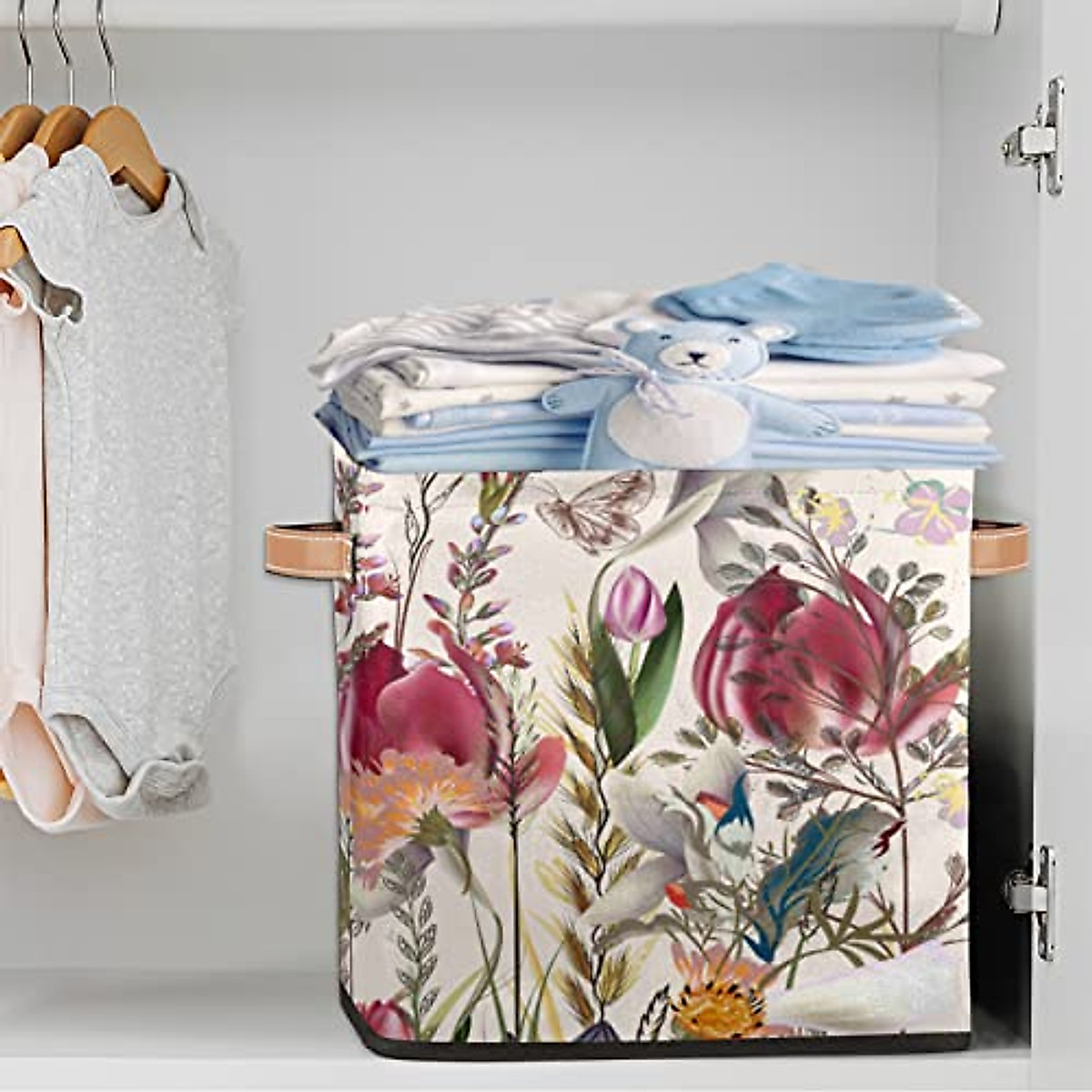 Butterfly Flower Storage Basket Bins for Organizing Pantry/Shelves/Office/Girls Room, Spring Floral Storage Cube Box with Handles Collapsible Toys Organizer 13x13
