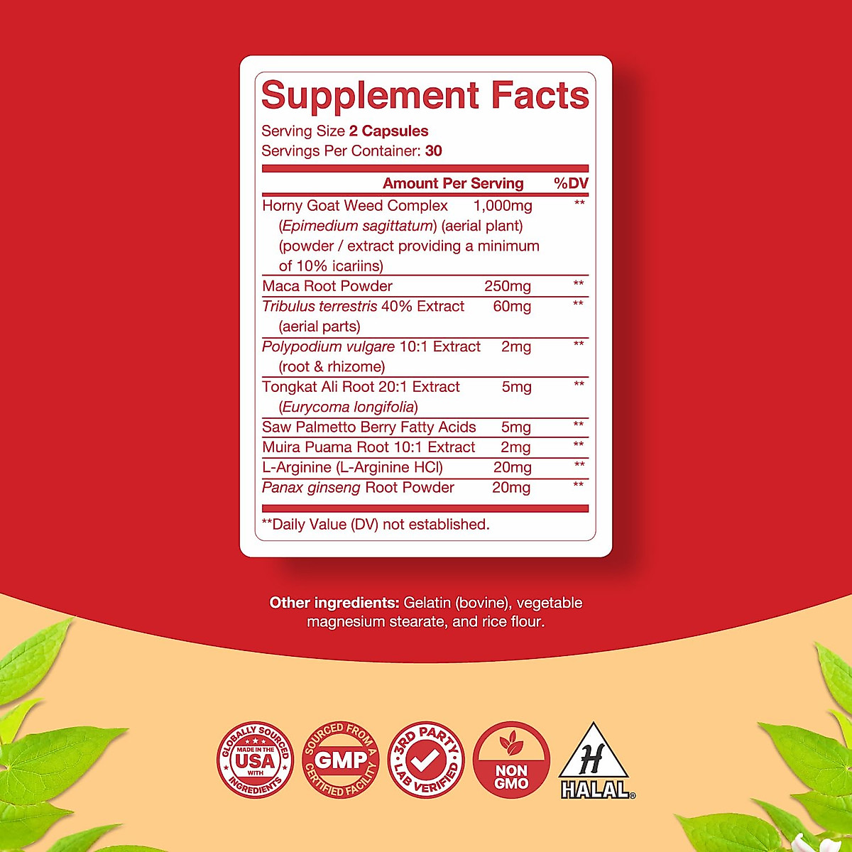 Pure Horny Goat Weed Extract with Maca Powder – Immune Support – Helps Increase Drive and Stamina – Booster for Men and Women Tongkat Ali Plus L-Arginine Increases Energy – 60 Capsules