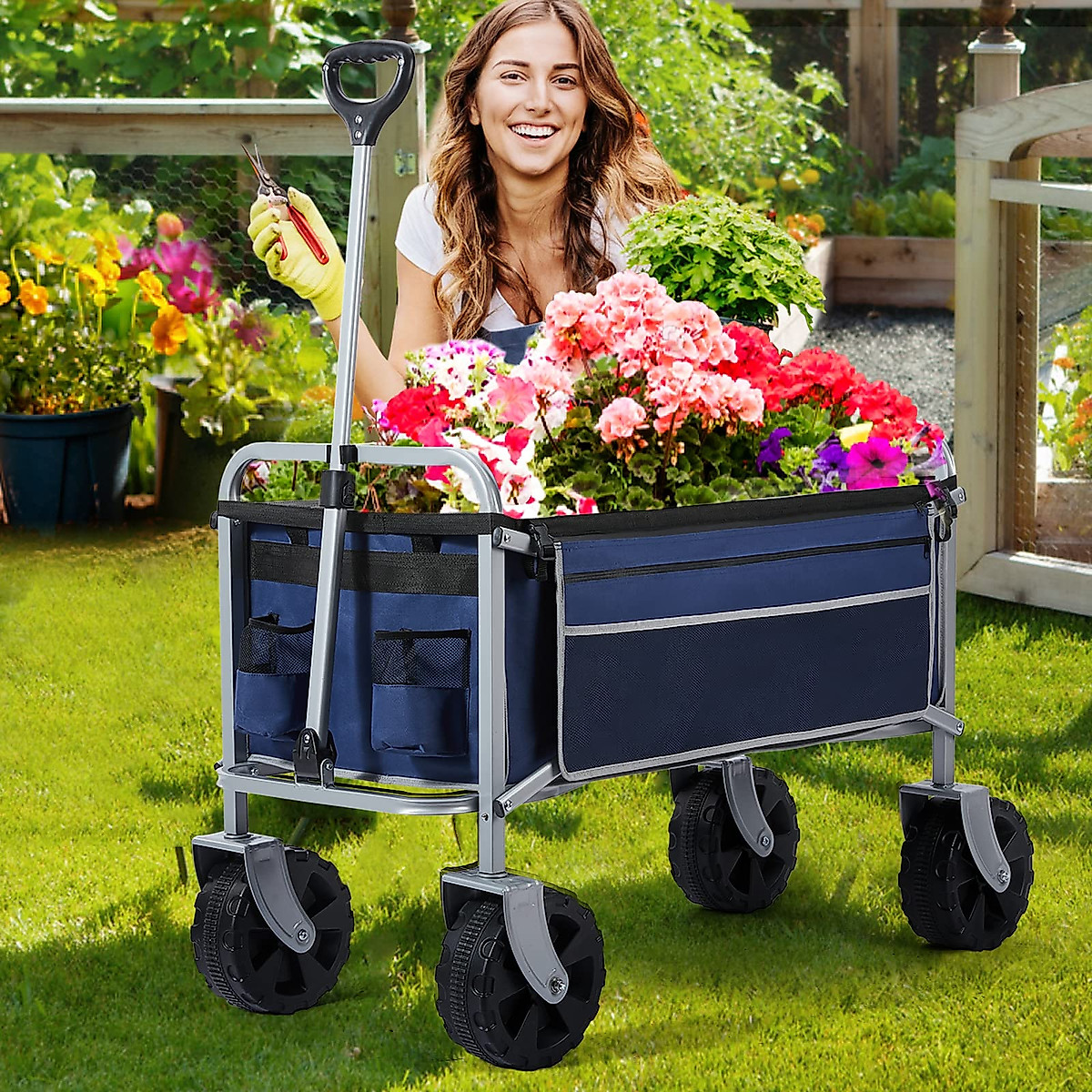 Kuznap All Terrain Wheels Collapsible Wagon, 225pound Capacity Heavy Duty Utility Folding Wagon, Portable Garden Beach Cart with Side Bags and Drink Holders