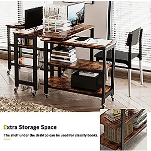 WAYTRIM 360° Free Rotating Sofa Side Table, Mobile End Table with 2 Tier Storage Shelves, Couch Side Table Sturdy Metal Frame with 6 Universal Casters, Laptop Table for Home Office - Rustic Brown