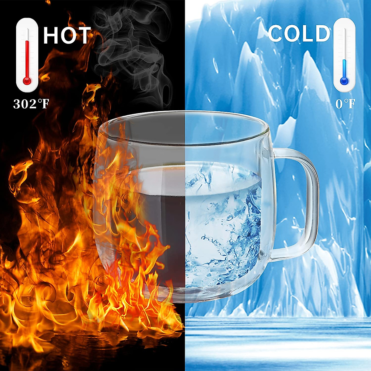 Unbreakable Double Walled Glass Coffee Mugs 300ml/10oz, Insulated Glass Coffee Mugs,Espresso Cups Set of 2,Borosilicate Glass Coffee Cups,Mocca Cups for Latte,Americano,Cappuccinos,Tea Bag,Clear Mugs