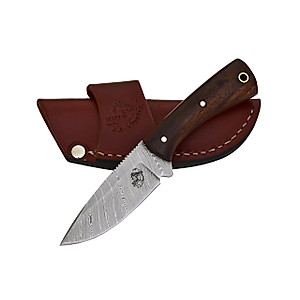 Knives Ranch Fixed Blade EDC Knife with Horizontal Carry Sheath – Small Hunting Knife – Damascus Skinning Knife – Cowboy Knife with Leather Sheath Stabilized Rosewood Handle (4402-IRW)