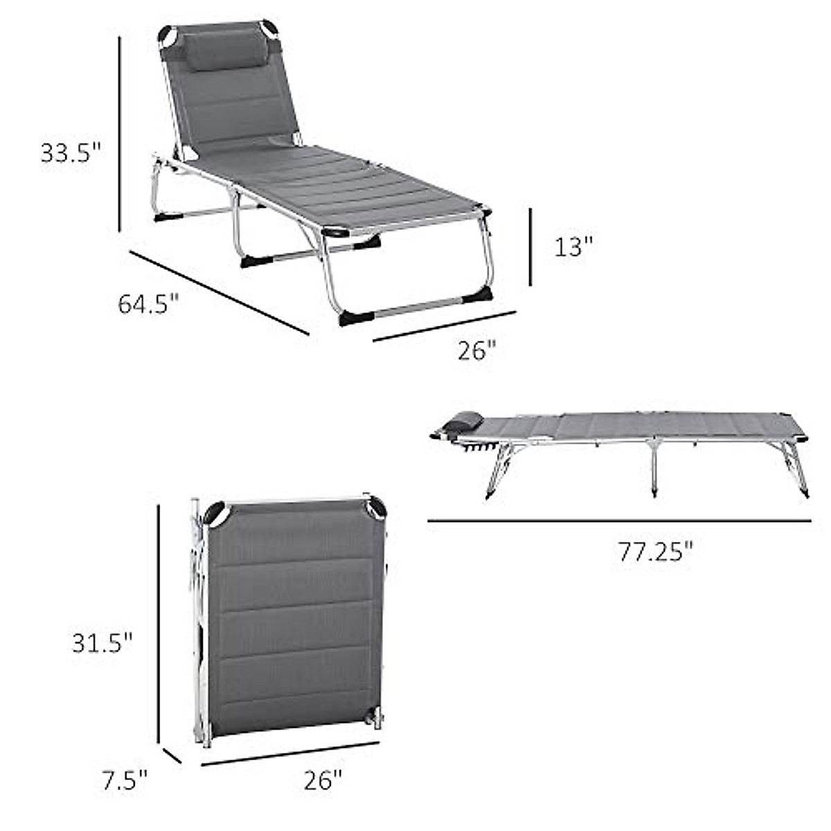 Outsunny Foldable Outdoor Chaise Lounge Chair, 5-Level Reclining Camping Tanning Chair with Aluminum Frame, Padding, and Headrest for Beach, Yard, Patio, Pool, Gray