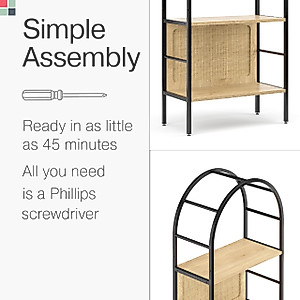 4 Tiered Arched Bookshelf with Natural Rattan Backing - Modern Home Decor - Boho Rattan Bookshelf - Arched Bookcase - Wooden Open Arched Cabinet with Shelves - Metal and Wood Bookshelf (Light Oak)