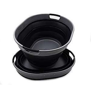 SAMMART 25L(6.6 Gallon) Collapsible Plastic Laundry Basket-Oval Tub/Basket-Foldable Storage Container-Portable Washing Tub-Space Saving Laundry Hamper, Water Capacity 20L(5.28 Gallon)(2, Grey/Black)