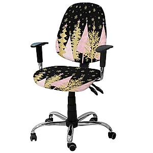 Christmas Tree Office Chair Cover Stretchable Computer Chair Seat Cover Backrest Slipcovers, Stretchable Rotating Desk Chair Seat Cushion Split Protectors Snowflake Gold Pink Modern Geometric