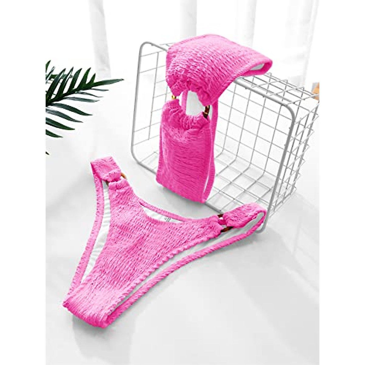 WDIRARA Women's 2 Piece Strapless Smocked Ring Bandeau Bikini Set Swimsuit Bathing Suits Pure Pink Solid XS