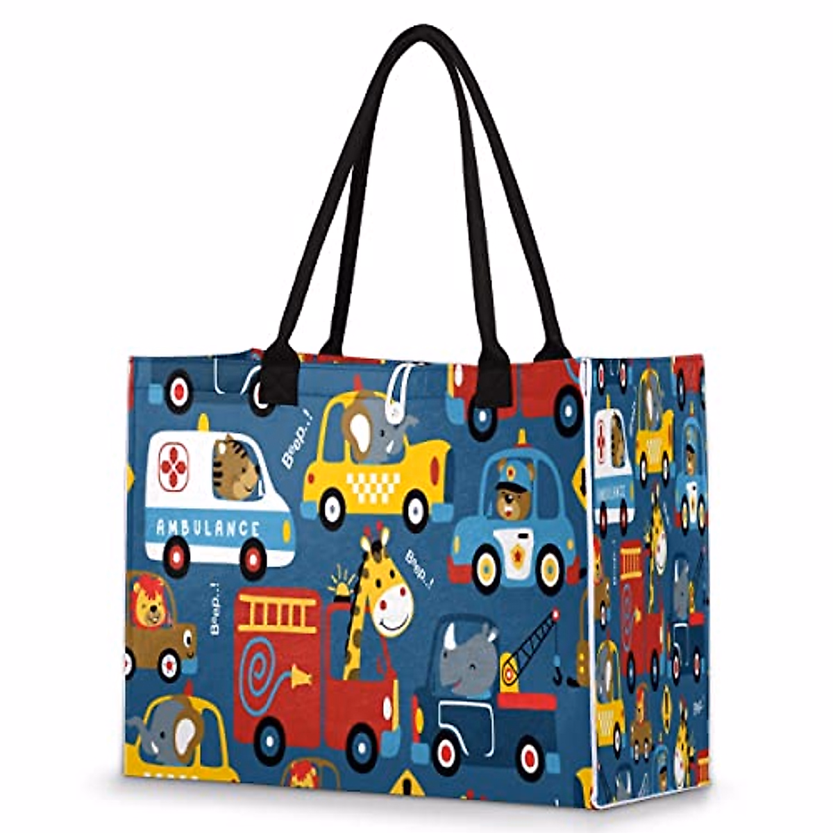 cfpolar Animal Car Reusable Grocery Shopping Bag with Hard Bottom, Large Foldable Multipurpose Heavy Duty Tote with Zipper Pockets, Stands Upright, Durable and Eco Friendly, Beach Bag