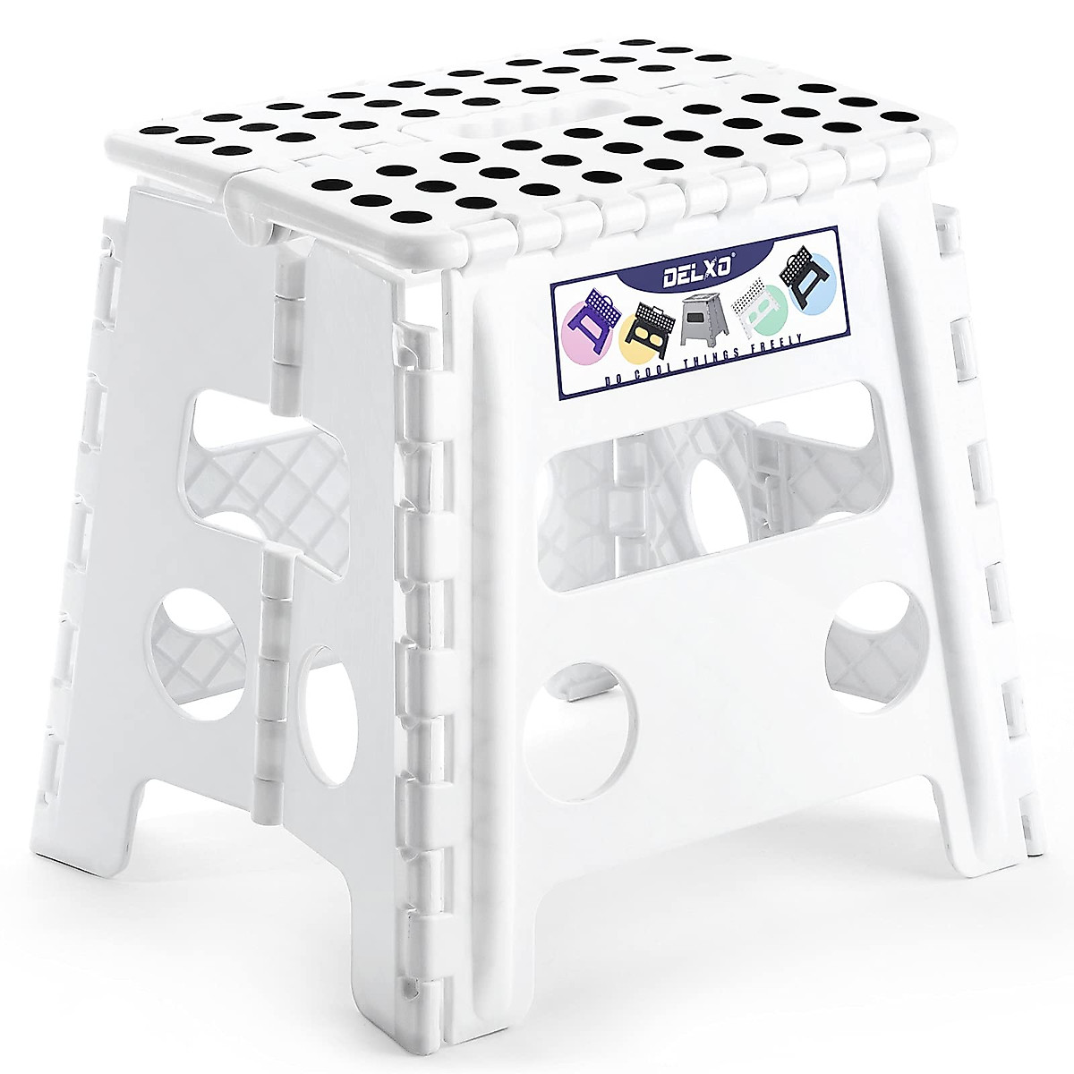 Delxo 13" Folding Step Stool for Kids and Adults, Non-Slip Foldable Step Stools with Handle,Plastic Portable Folding Stool for Bathroom,Bedroom,Kitchen,Hold up to 300lbs White