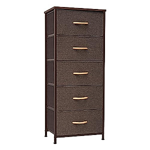 Crestlive Products Vertical Dresser Storage Tower - Sturdy Steel Frame, Wood Top, Easy Pull Fabric Bins, Wood Handles - Organizer Unit for Bedroom, Hallway, Entryway, Closets - 5 Drawers (Brown)