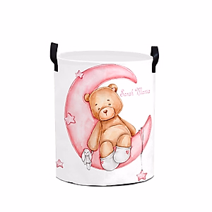 Teddy Bear Pink Moon Personalized Laundry Basket Clothes Hamper Storage Handle Waterproof, Custom Collapsible Large Capacity , for Bedroom Bathroom Toy Decoration