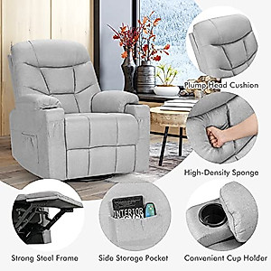 Giantex Swivel Rocker Recliner Chairs with Massage and Heating, 360 Degree Swivel Single Sofa w/Remote Control, 4 Pockets & 2 Cup Holders, Glider Chair for Nursery Living Room Bedroom (Grey)
