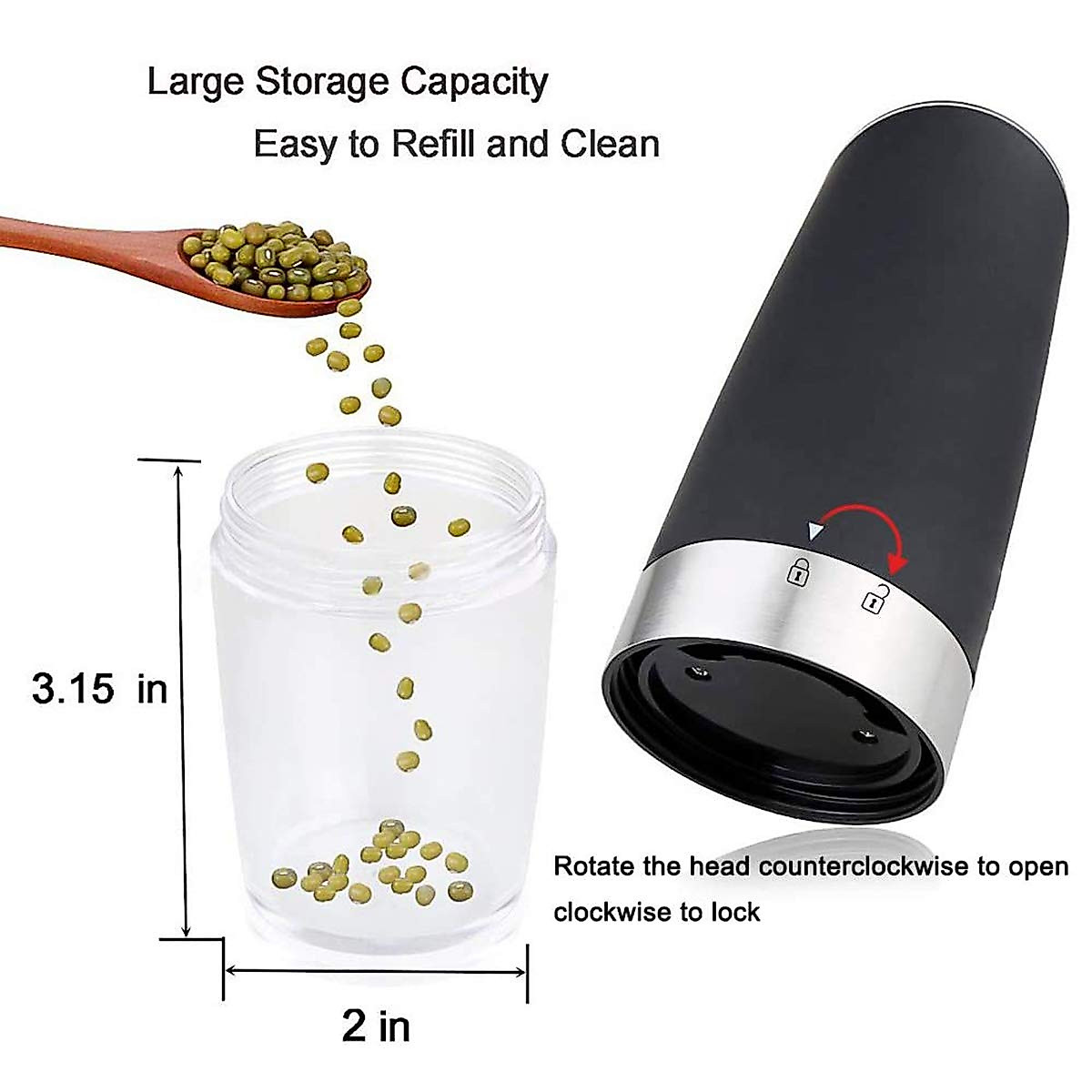 Joseky Black Electric Salt And Pepper Grinder , Pepper Mill Grinder with Adjustable Coarseness, Blue Led Light, One Hand Operated Suitable for Solid Seasoning Such As Sea Salt, Spices(2-pcs)