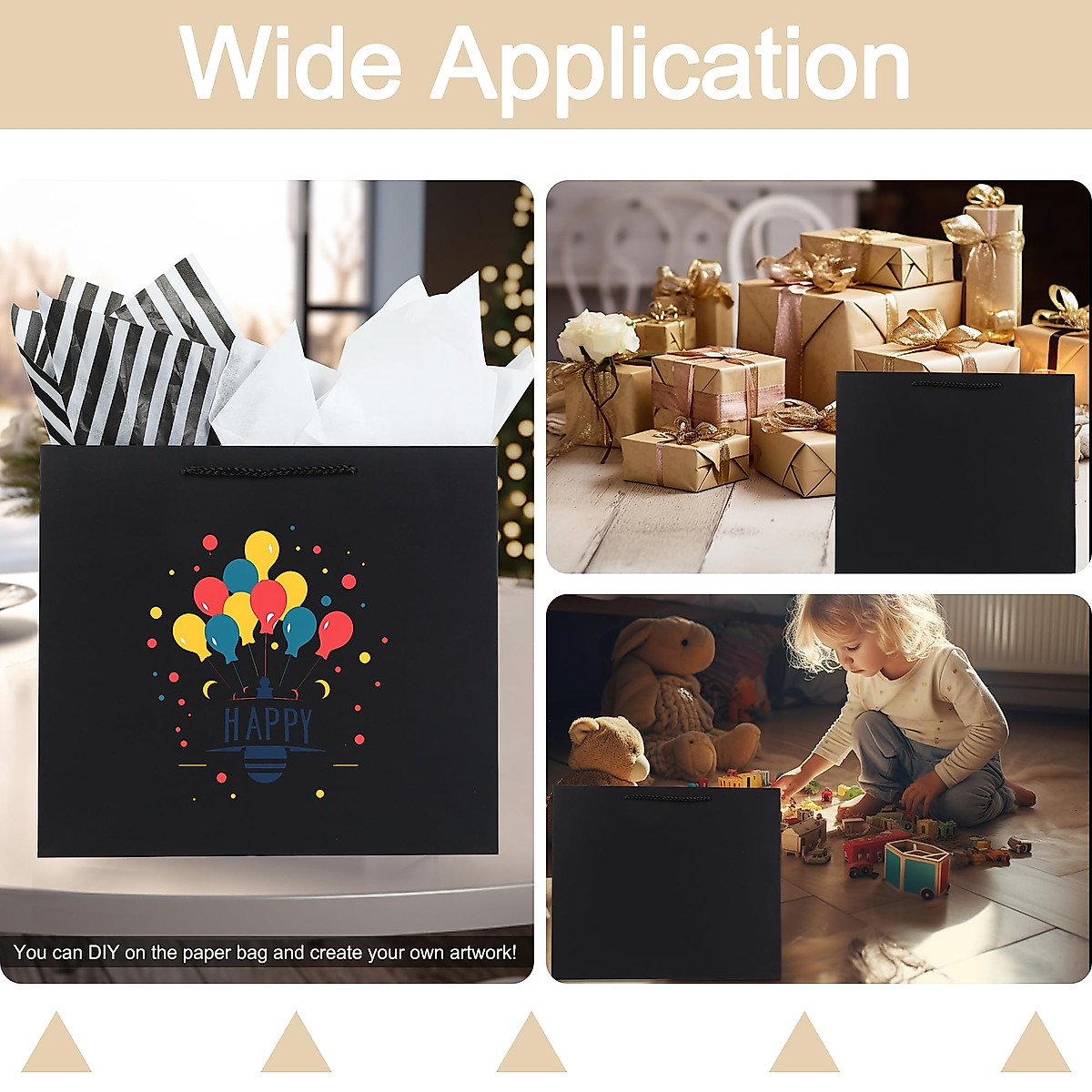 Offizon 12 Pcs Black Gift Bags, Gift Bags with Tissue Paper (4 Small 6", 4 Medium 8.7", 4 Large 12.6"), Paper Bags with Handles for Birthdays and Holidays