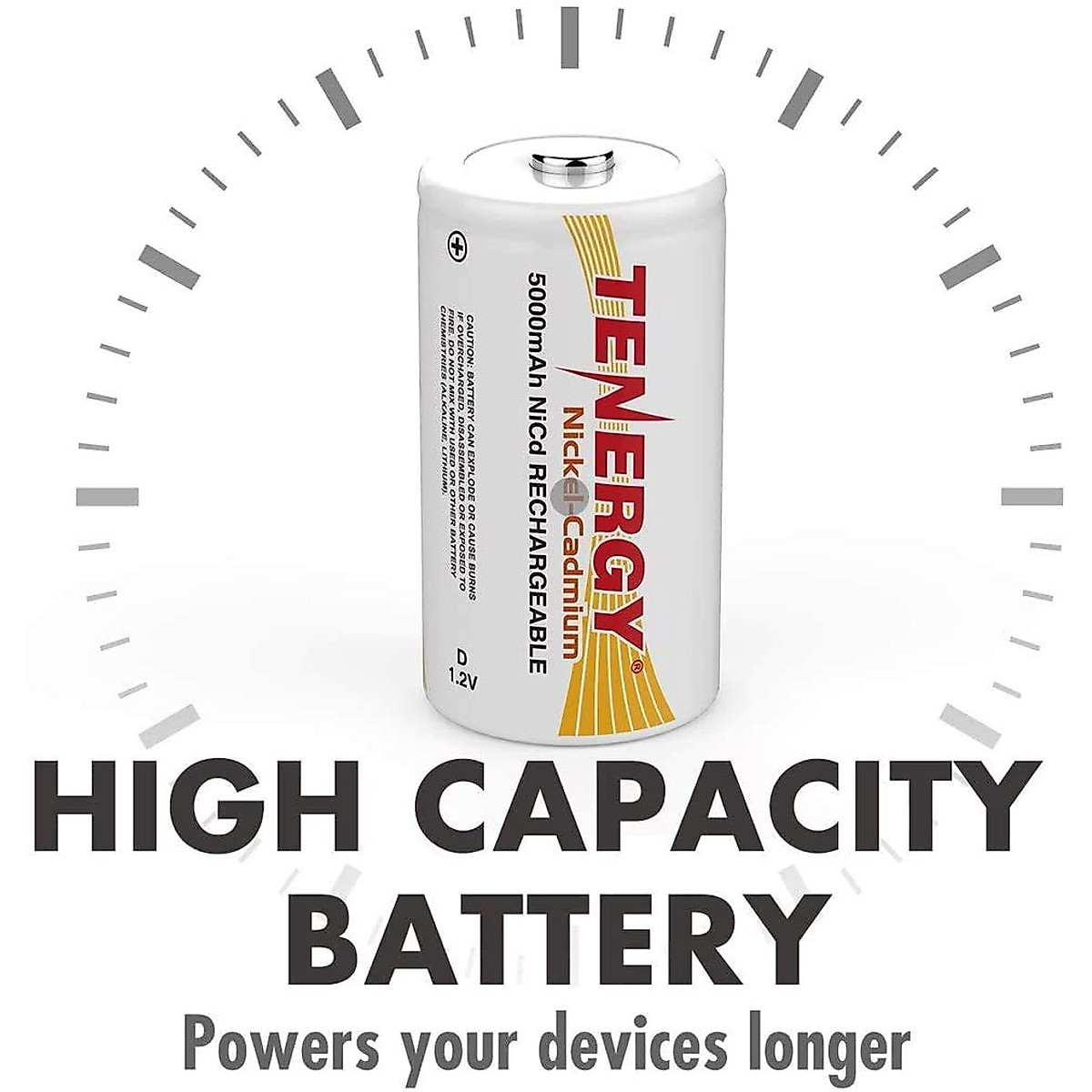 Tenergy D Size 5000mAh NiCd Button Top Rechargeable Batteries, 8 Pack