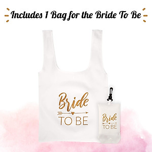Pop Fizz Designs Bride Tribe Reusable Tote Bags | 7 Pack | 1 Bribe to Be Bag & 6 Bride Tribe Bags - Includes Matching Keychains | Perfect for Bachelorette Party Bags