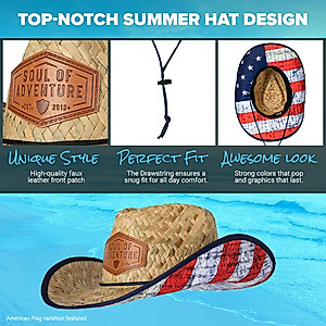 New Handwoven Premium Straw Cowboy Hat for UV Sun Protection | Adjustable Drawstring, Universal Size | Ideal for Beach, Fishing, Outdoor Camping Activities (American Flag)