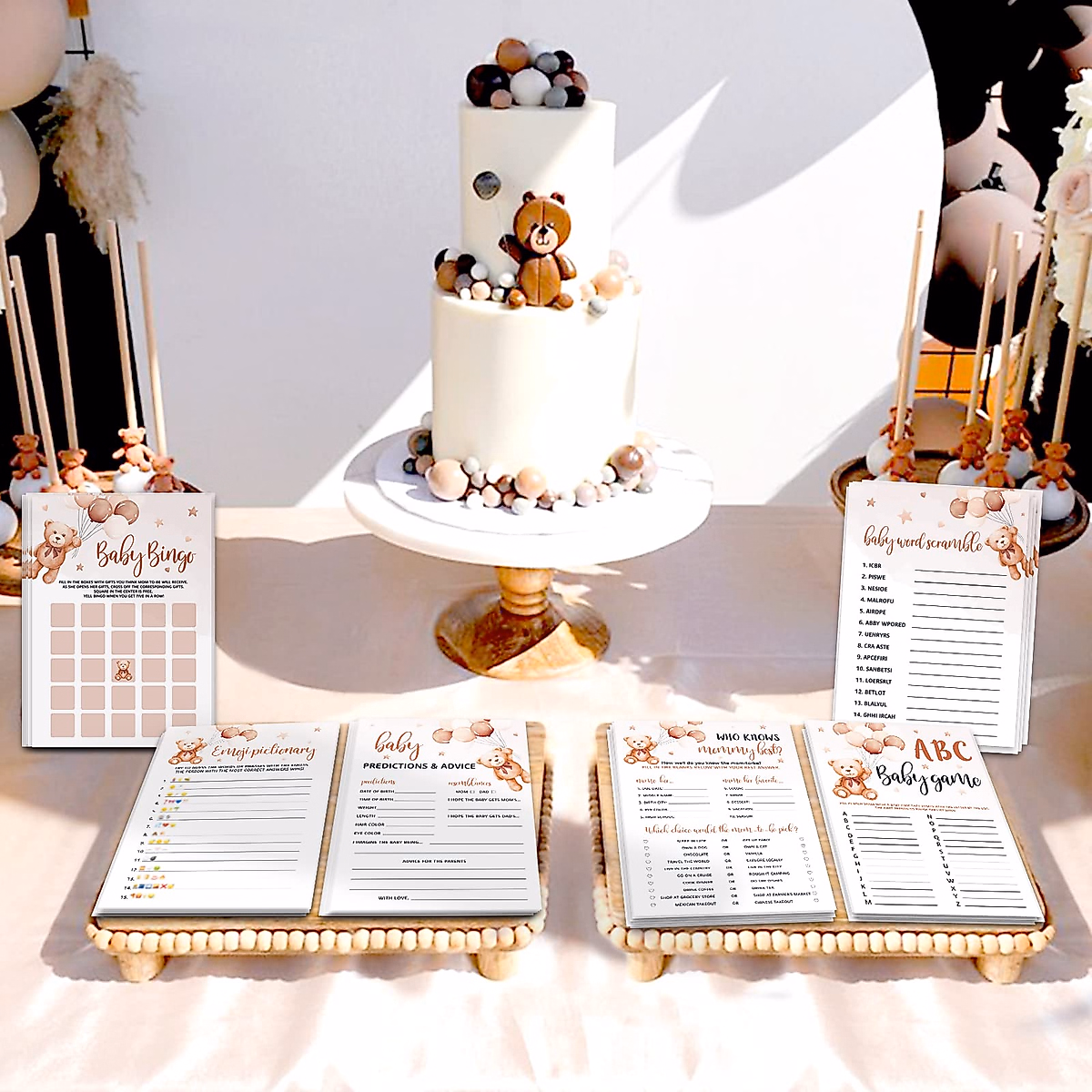 Sinasasspel 302pcs Teddy Bear Baby Shower Game Set of 6 Activities for 50 Guests Gender Neutral Includes Baby ABC, Bingo, Word Scramble, Baby Prediction and More, Each 5x7 Inches