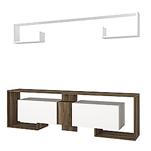 The Urban Port 71-Inch Wooden TV Console Entertainment Media Center, 2-Piece Set, Wall Mounted Floating Shelf, White and Brown