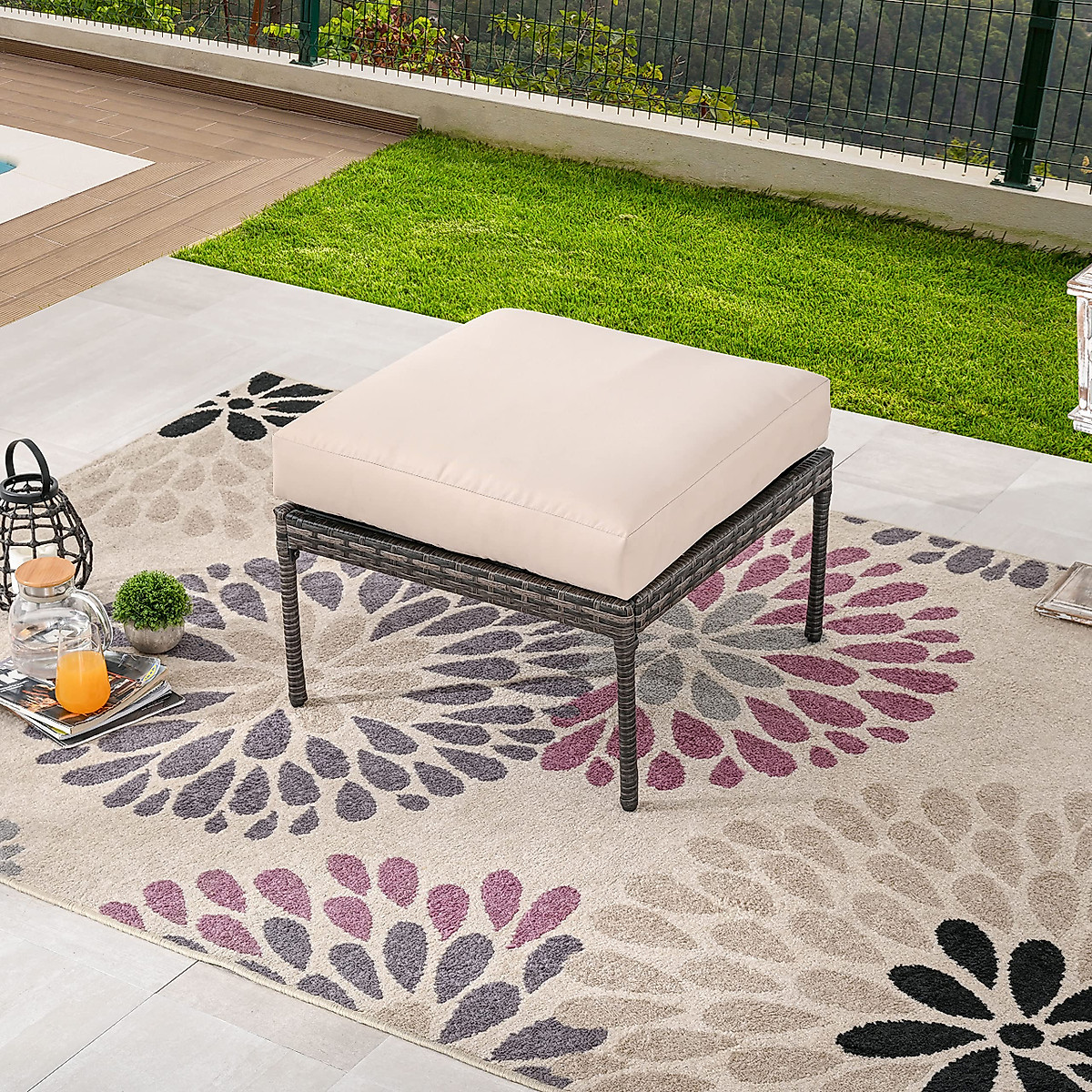 LOKATSE HOME 2 Piece Outdoor Footstool Patio Ottoman with Soft Thick Cushion for Garden Yard Deck Sunroom, Beige