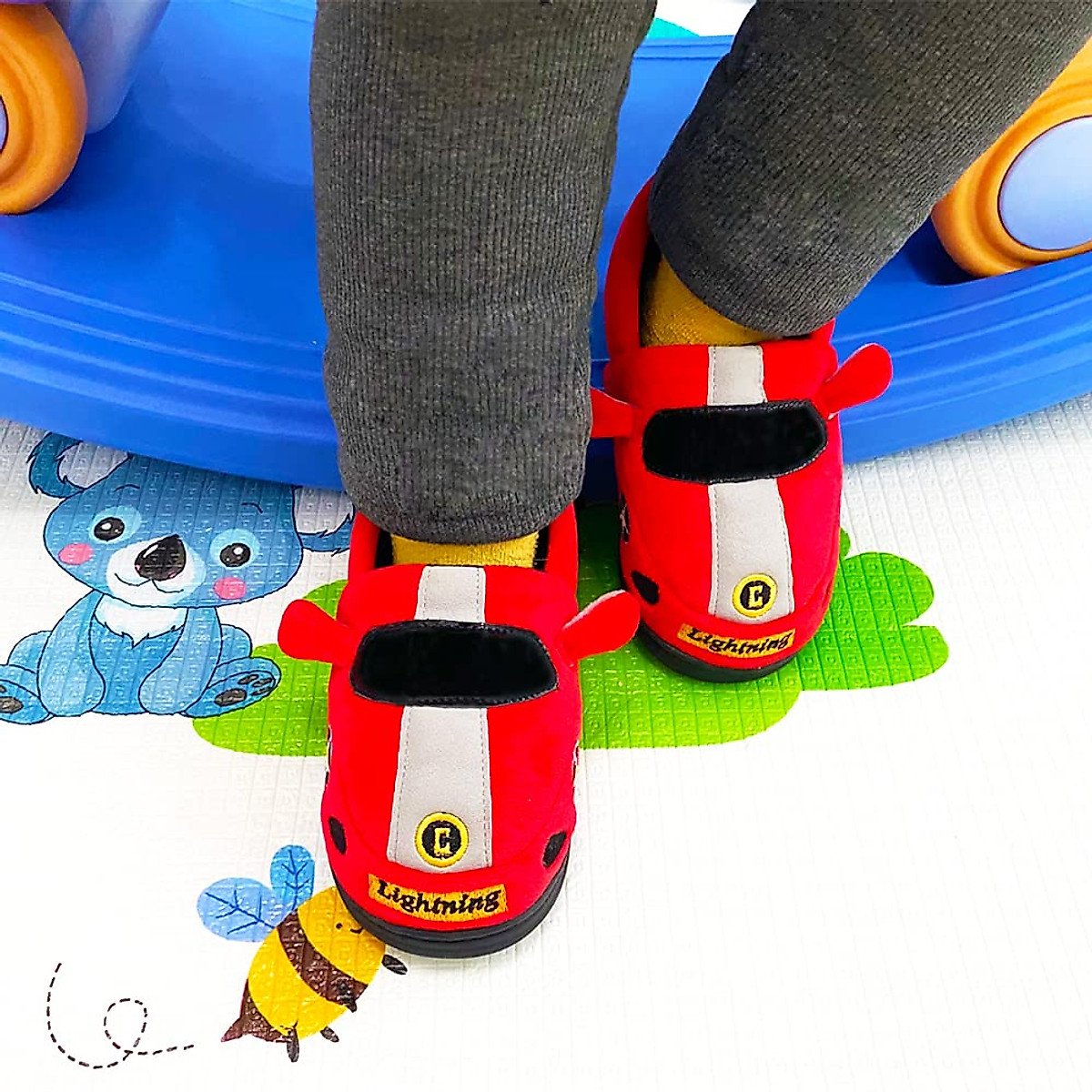 Kids Toddler Boys Red Car Slippers Winter Warm Anti-Slip Indoor Home Shoes (Red car, 12-13 Little Kid, numeric_12)