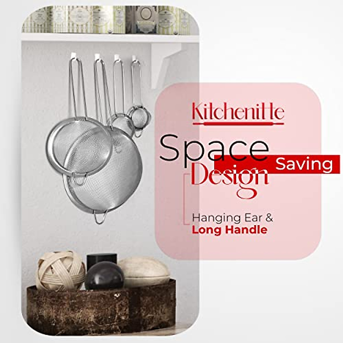 Kitchenitte Set of 4 Fine Mesh Strainer - Sieve Fine Mesh Stainless Steel Strainers - 2.2", 2.8", 4.7", and 7.1" Sizes - Ultra Durable Sieve, Kitchen Strainer Set for Sifting, Straining, Draining