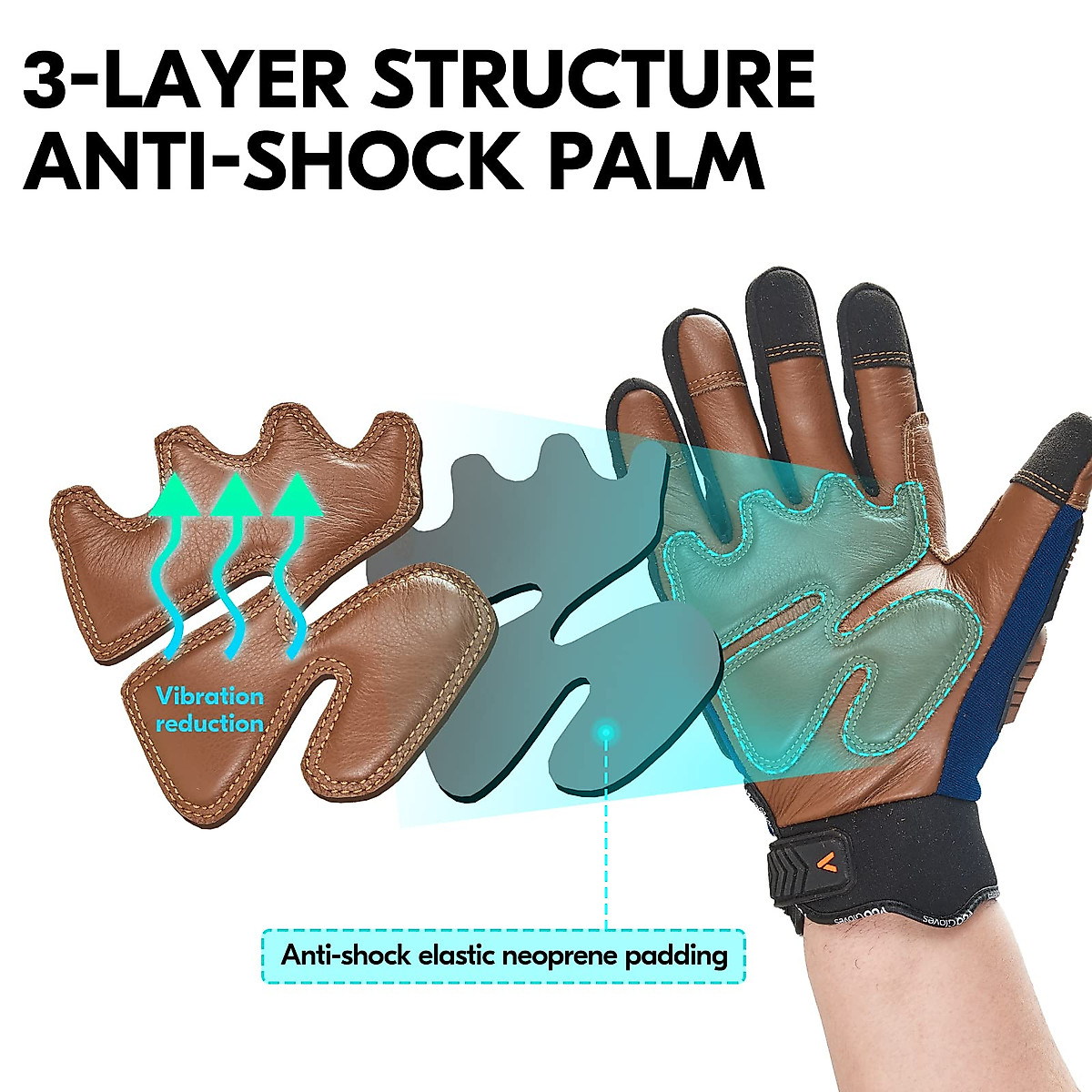 Vgo...…1Pair Leather Heavy Duty Work Gloves,Mechanics Gloves,Impact Resistant, Anti-Vibration, Water-repellent (L,Blue,CA7725)